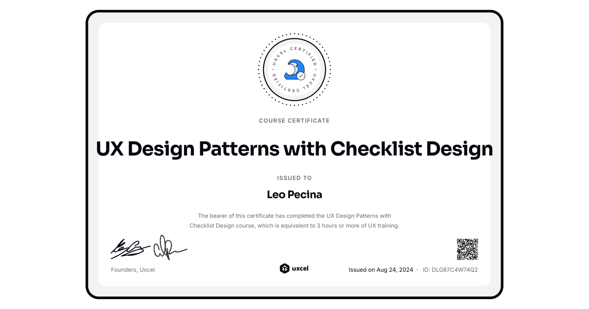 Certificate of completion for UX Design Patterns with Checklist Design | Uxcel